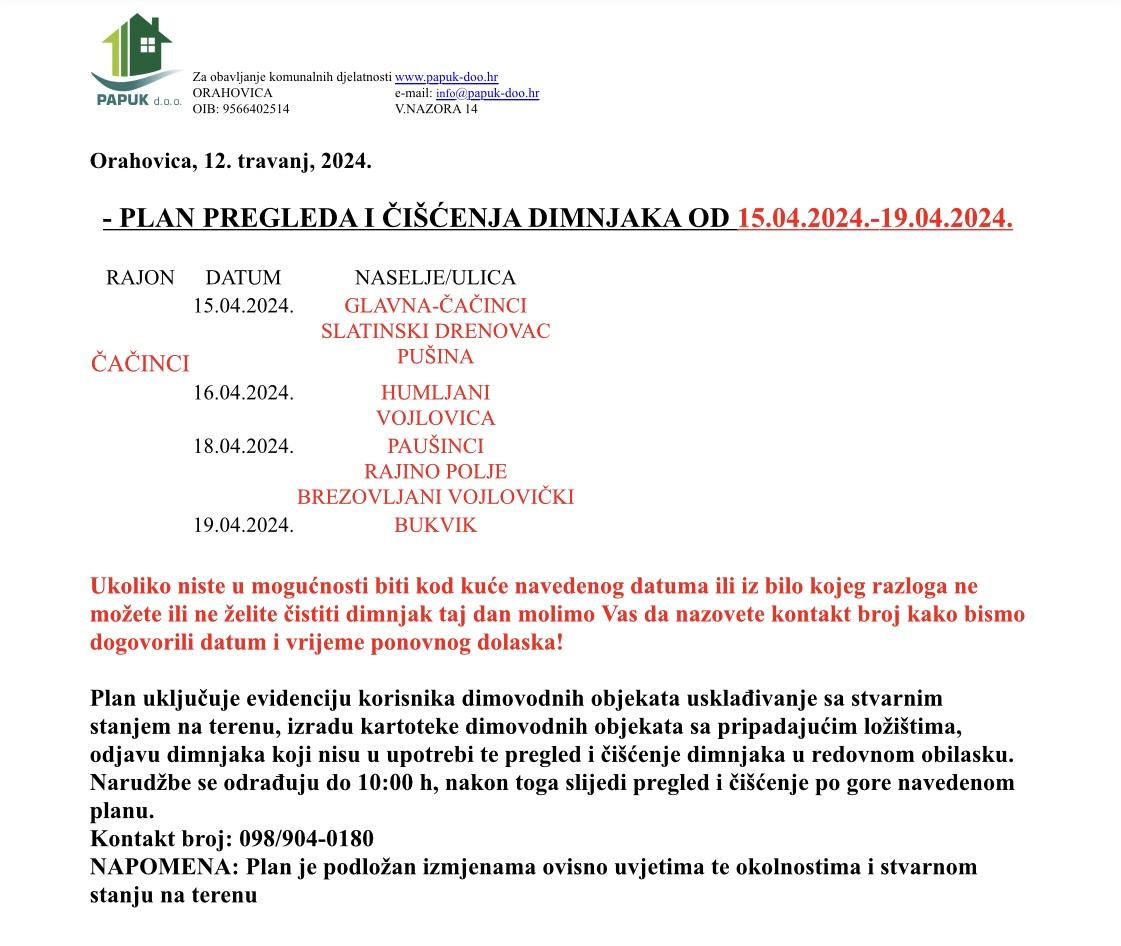 Plan pregleda čišćenja dimnjaka za razdoblje od 15. do 19. travnja – Portal 95.7